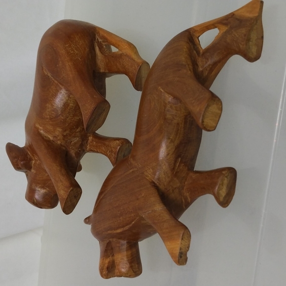 Art | Set Of 3 Carved Teak Wood Animal Sculptures Wild Boar Lion ...